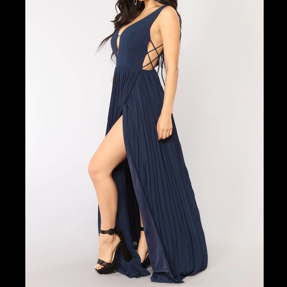 Dresses | New High Slit Navy Blue Pleated Dress | Poshmark